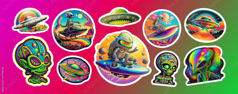 Big bundle of stickers with funny aliens, UFO. AI. Vector collection ...
