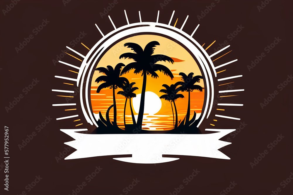 Palms beach logo design illustration. Sunset on Beach with Palm Tree ...