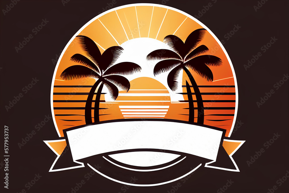 Palms beach logo design illustration. Sunset on Beach with Palm Tree ...
