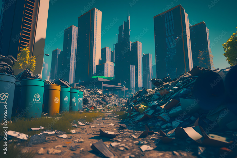 Garbage dump crowded streets of the skyscrapers metropolis. The problem ...