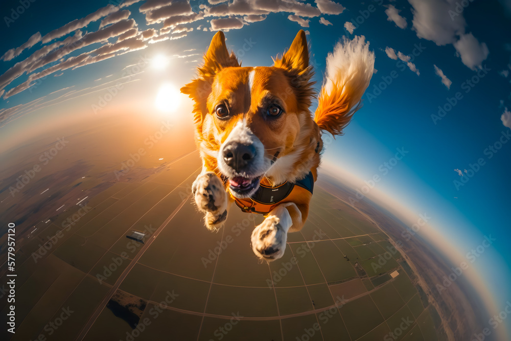 Athletes dog frightened muzzle skydivers in orange suit jump from an ...