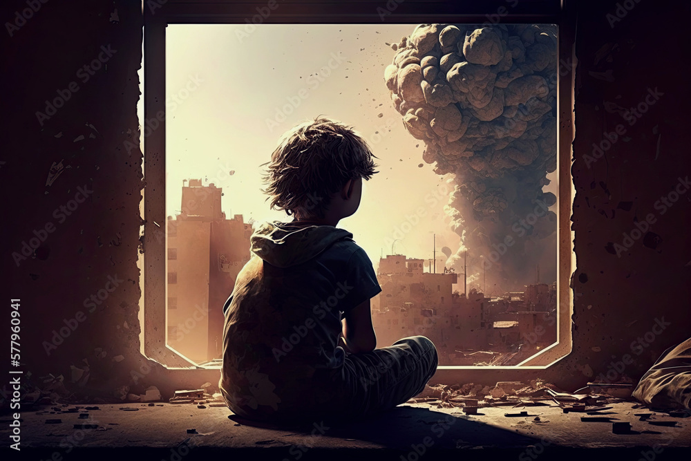 child boy looks out window with bomb explosions in a destroyed city ...