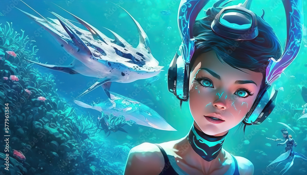 A Scifi Underwater Anime Girl With A Submarine Theme Generative Ai Technology Stock