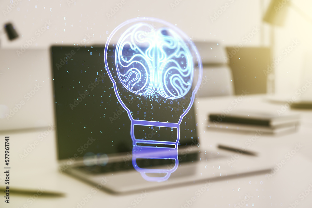Creative light bulb with human brain hologram on modern laptop background, artificial ...