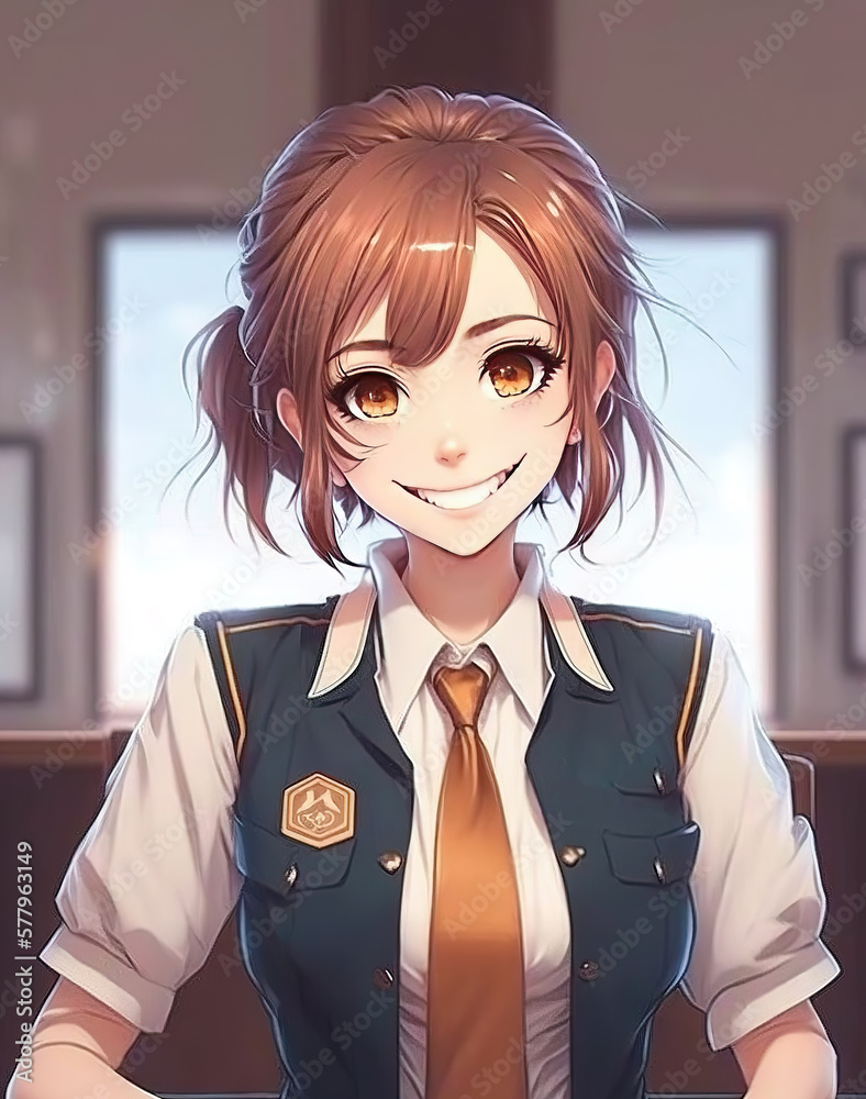 a cute anime girl with a big smile on her face, looking straight into ...