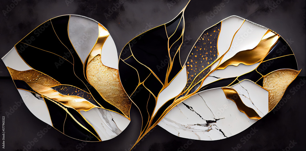 Gold kintsugi crack pattern on black, white color background. Golden ...