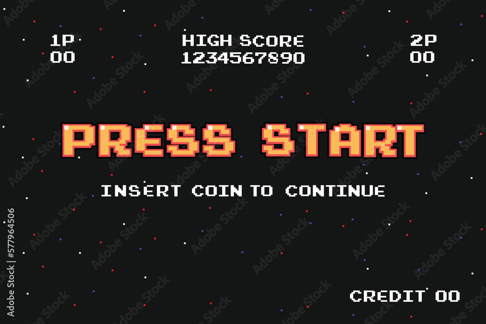 Vetor de PRESS START INSERT A COIN TO CONTINUE .pixel art .8 bit game ...