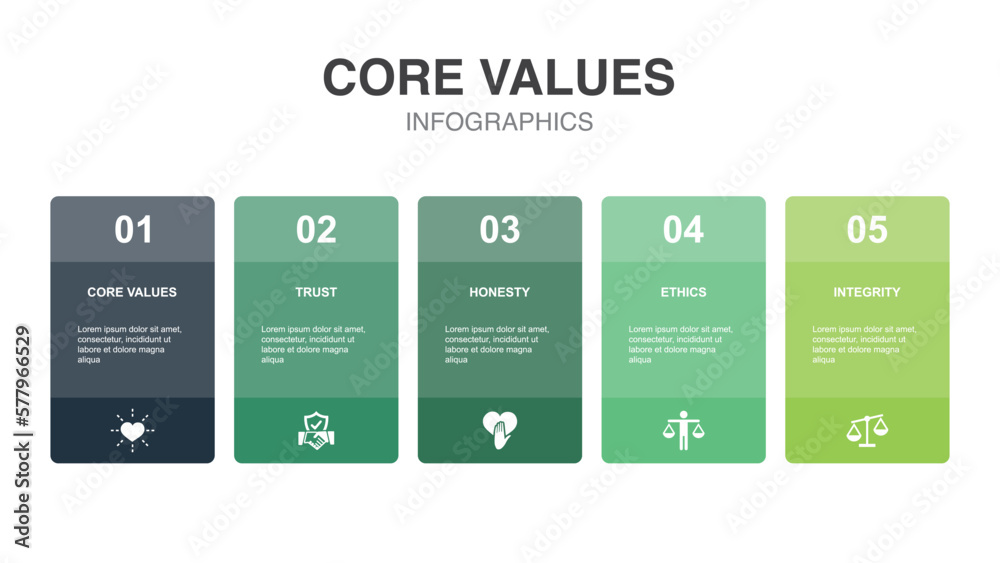 Core values, trust, honesty, ethics, integrity, icons Infographic ...