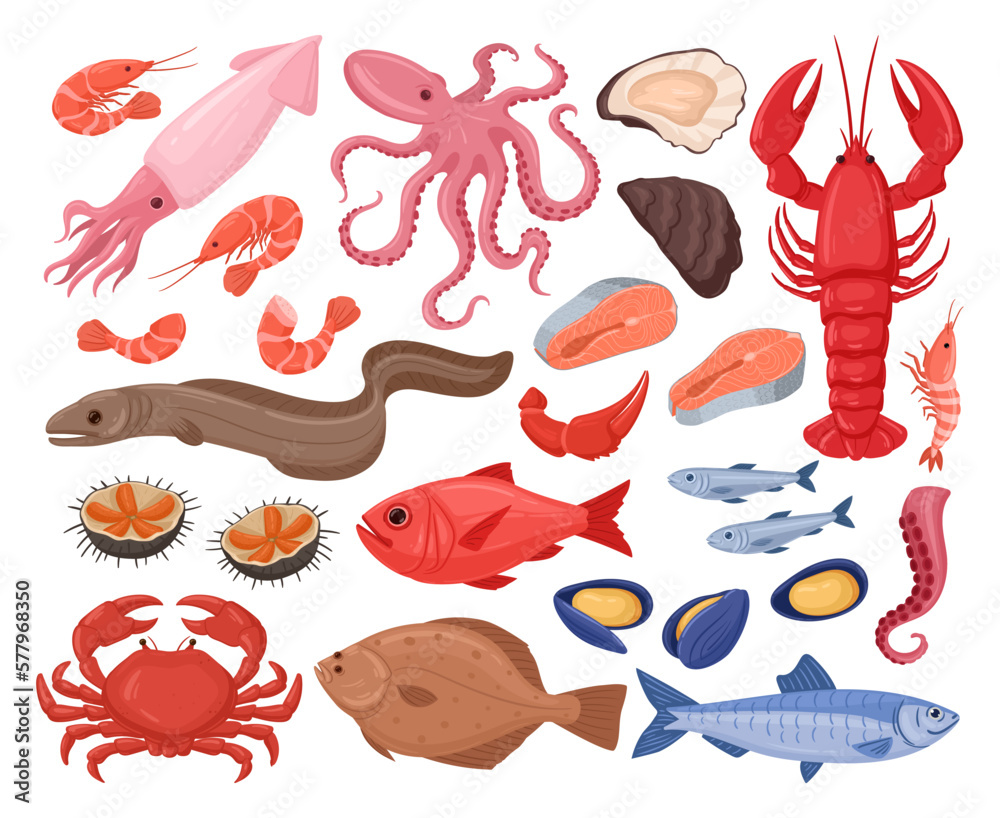 Cartoon seafood. Lobster, oyster, crayfish, shellfish, tuna and salmon ...