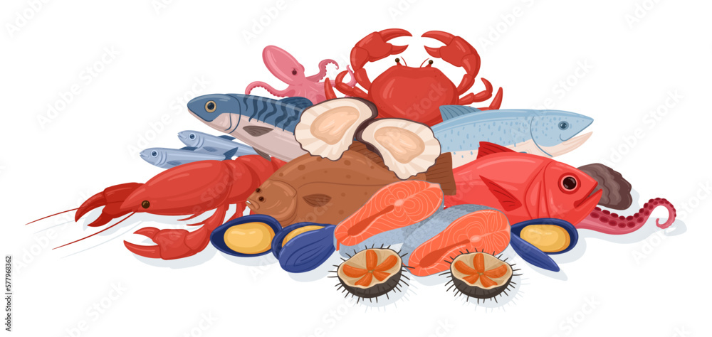 Cartoon seafood pile. Lobster, octopus, tuna, salmon fish, shrimp and ...