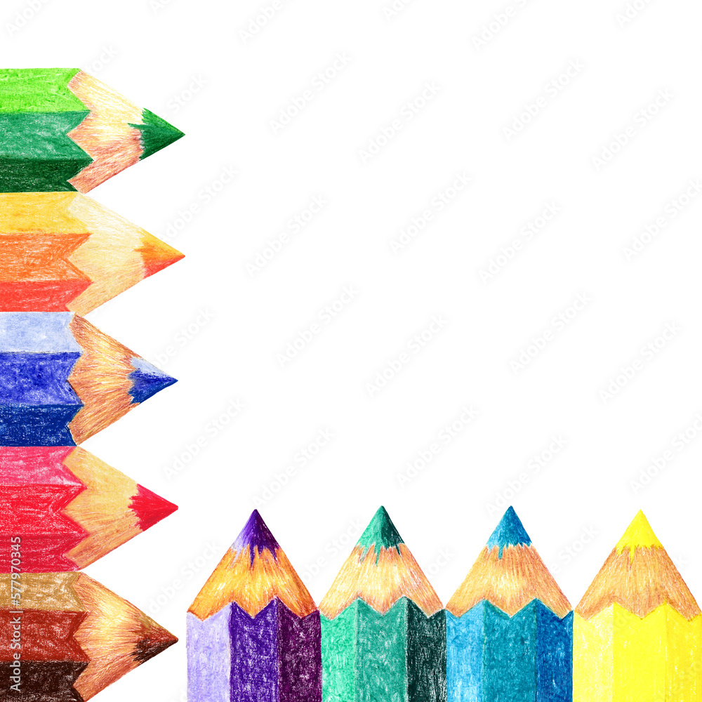 hand drawn frame of colored pencils is located on the left and bottom ...