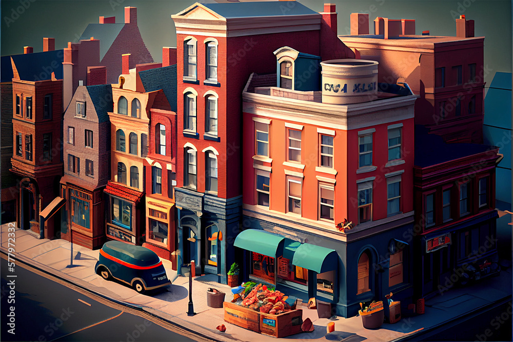 Colorful cartoonic 3d render of little buildings in a small town ...