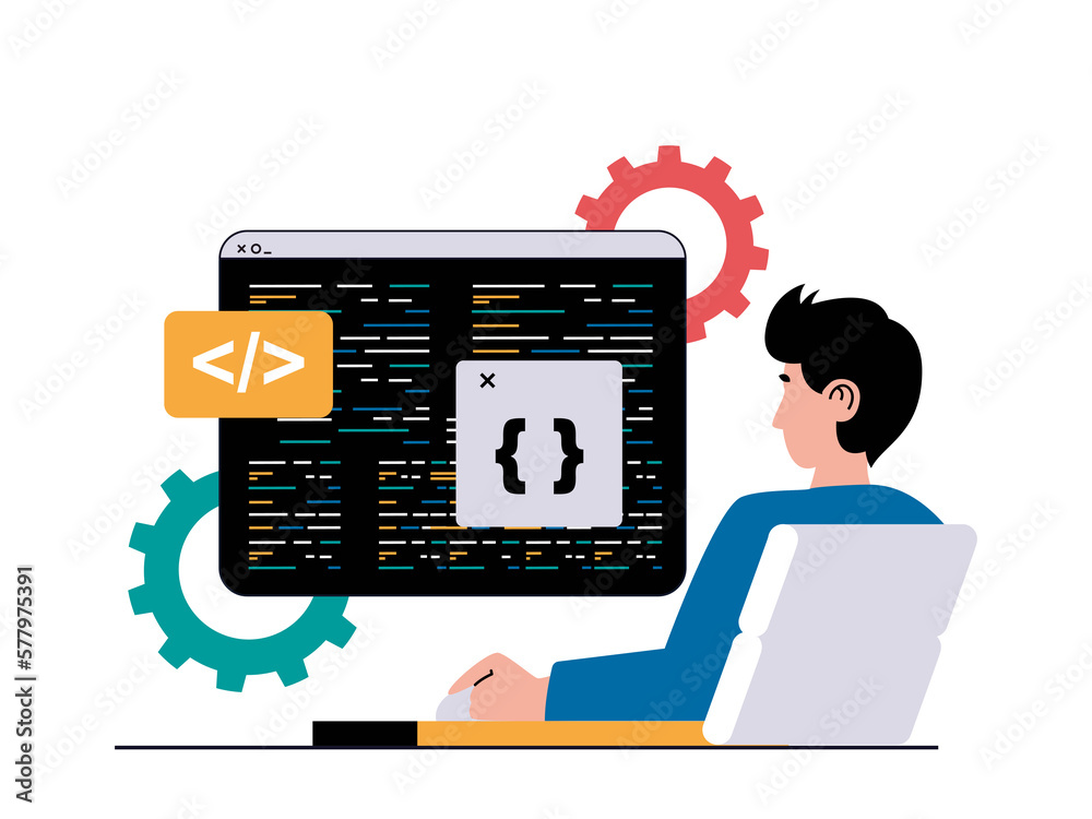 Programming software concept with character situation. Man works at ... Programming software concept with character situation. Man works at ...