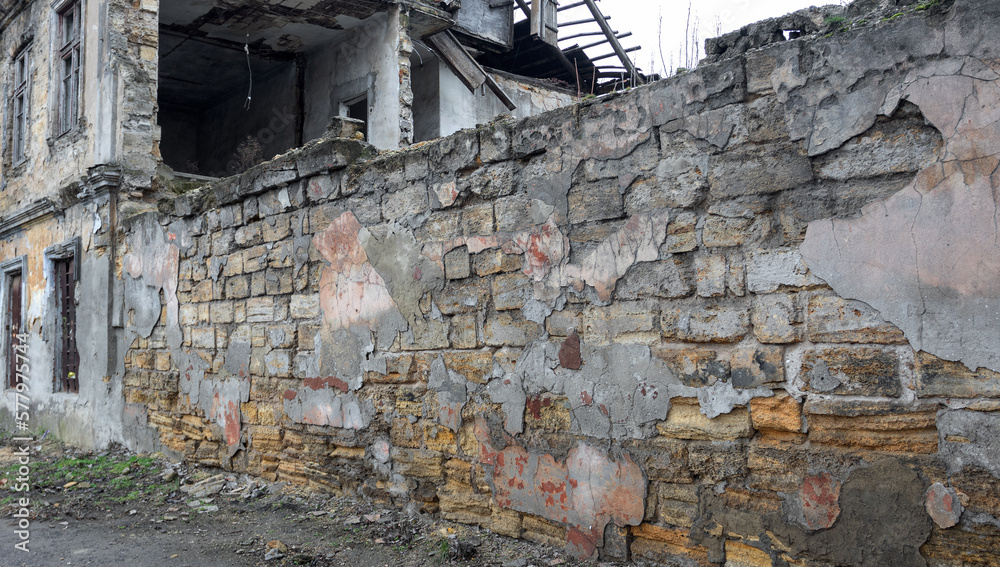 Old destroyed houses. War, destruction, restructuring. abandoned ...