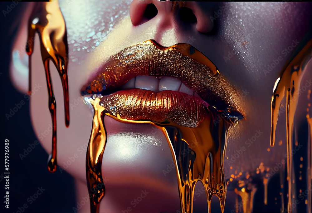 Gold Paint smudges drips from the face lips and hand, lipgloss dripping from lips, golden liquid ...