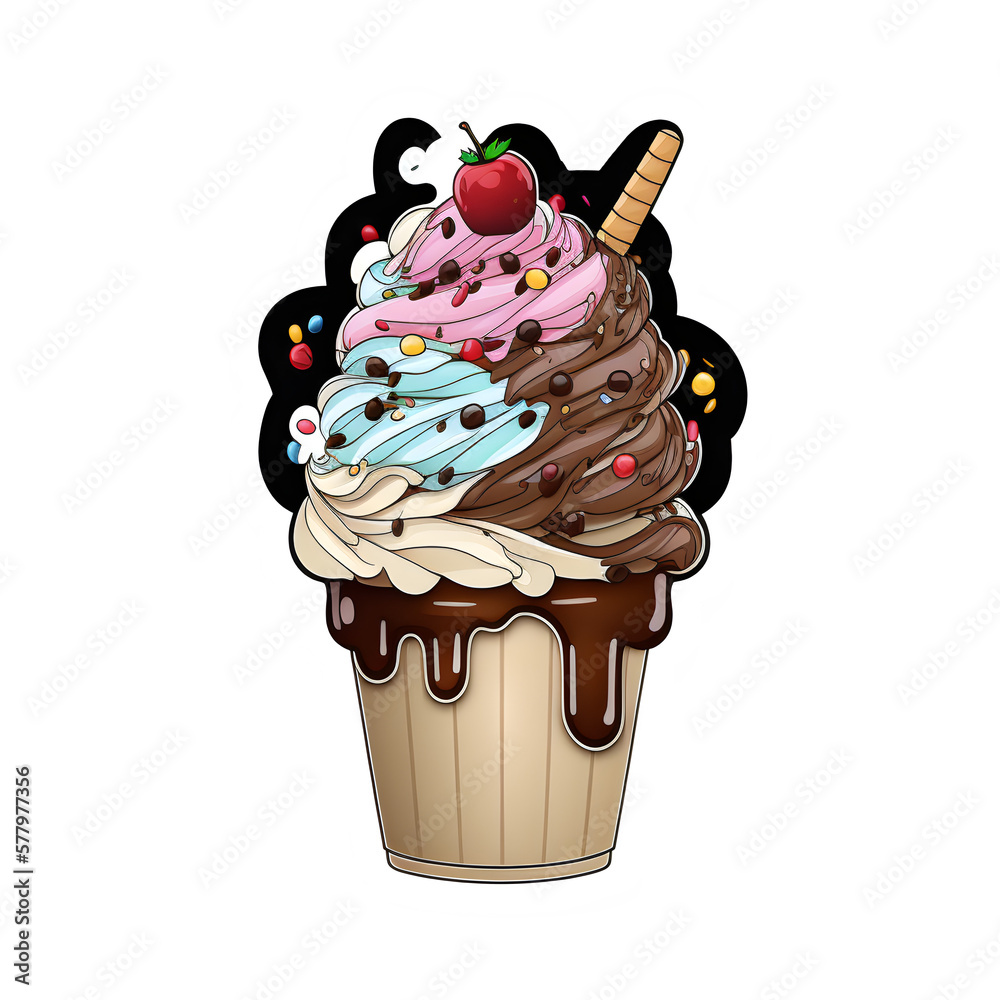 ice cream sundae, sundae dessert cute cartoon sticker, transparent png ...
