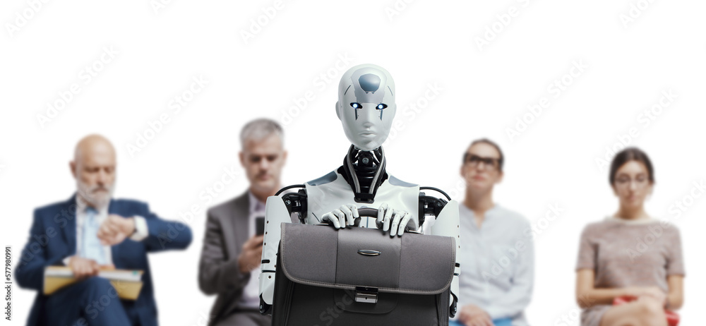 Business people and humanoid robot waiting for a job interview Stock ...