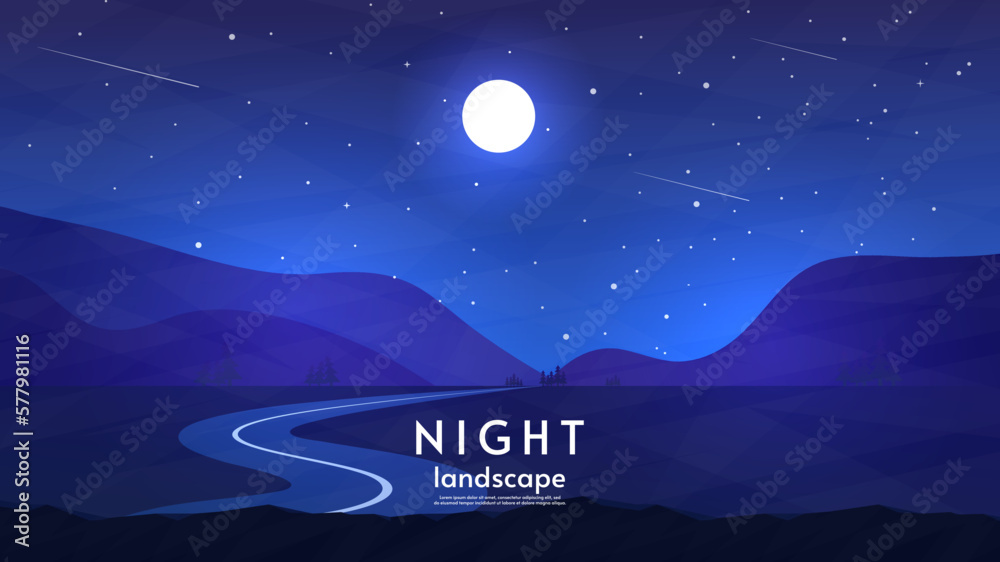 Vector illustration, flat style design. Night landscape illustration ...