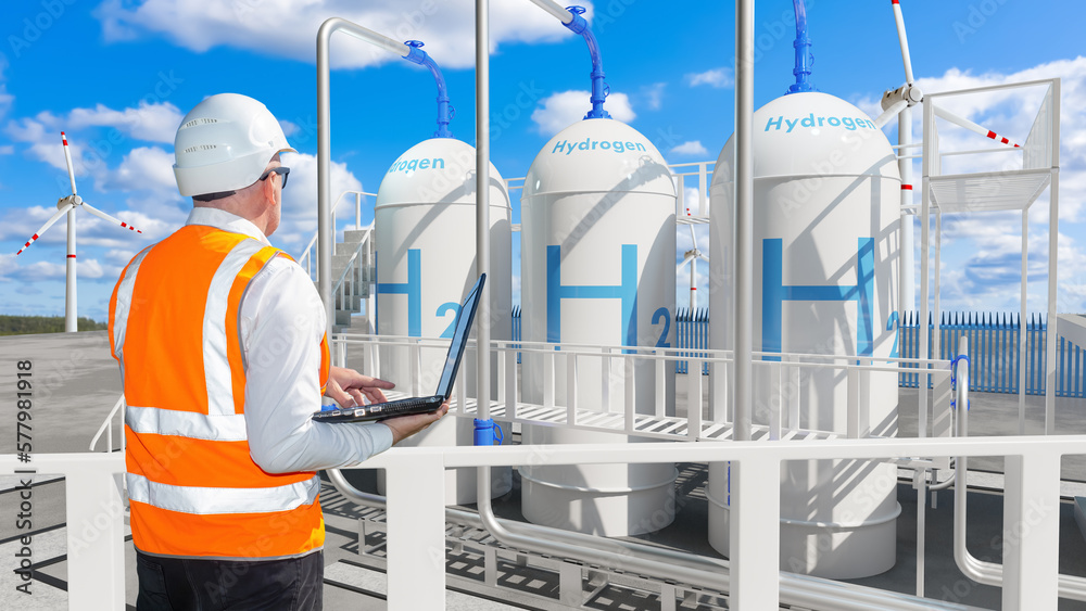 Hydrogen h2 energy. Man near power plant. Environmentally friendly electricity. Power plant ...