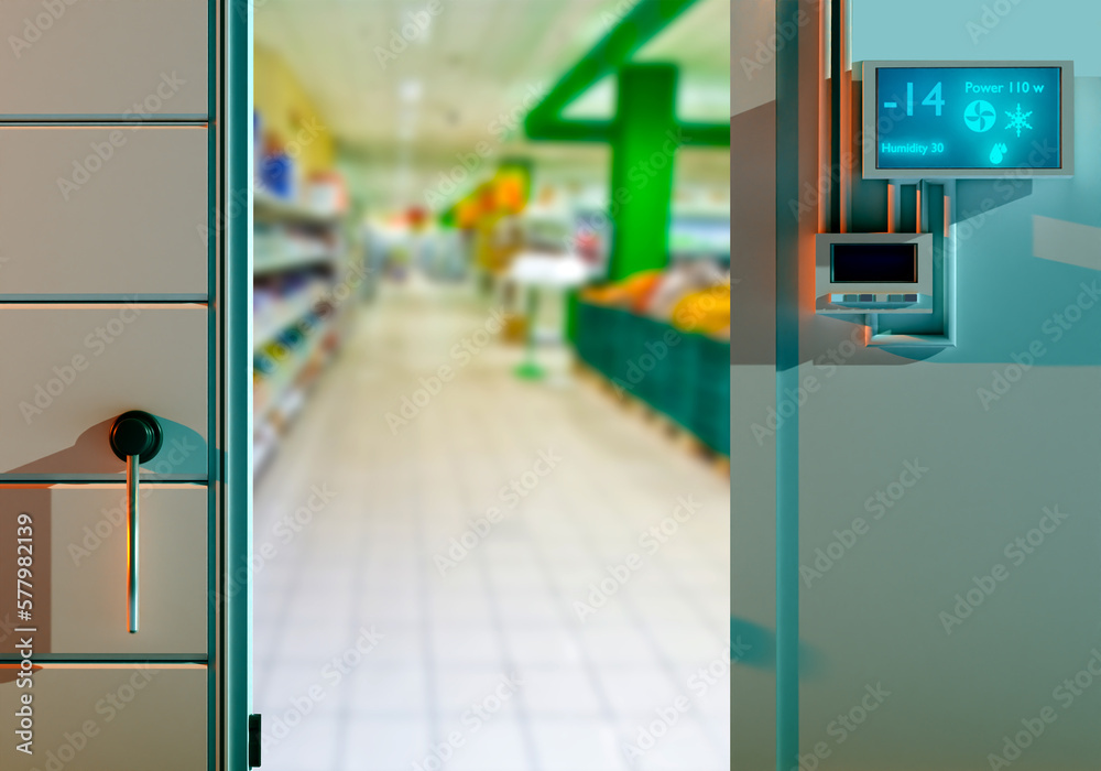Refrigeration compartment for food supermarket. Blurred stores behind ...