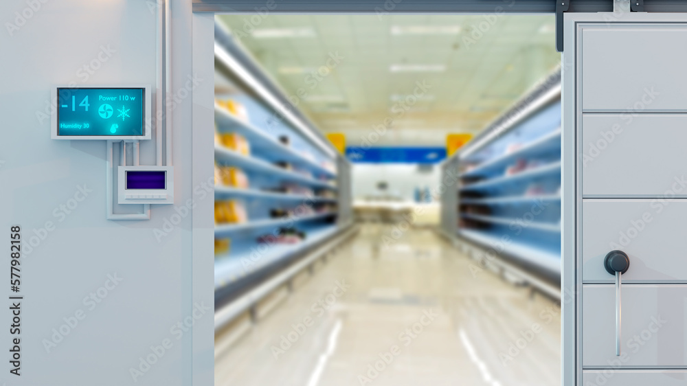Cold compartment for food storage. Blurred supermarket behind ...