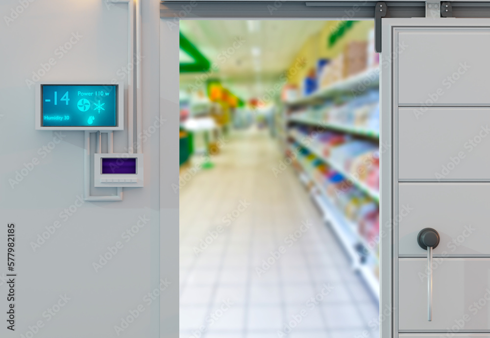 Freezer for food storage. Industrial freezing system in supermarket ...