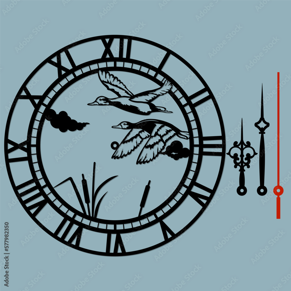 Beautiful clock with birds laser cut. Ducks in flight. Vector ...