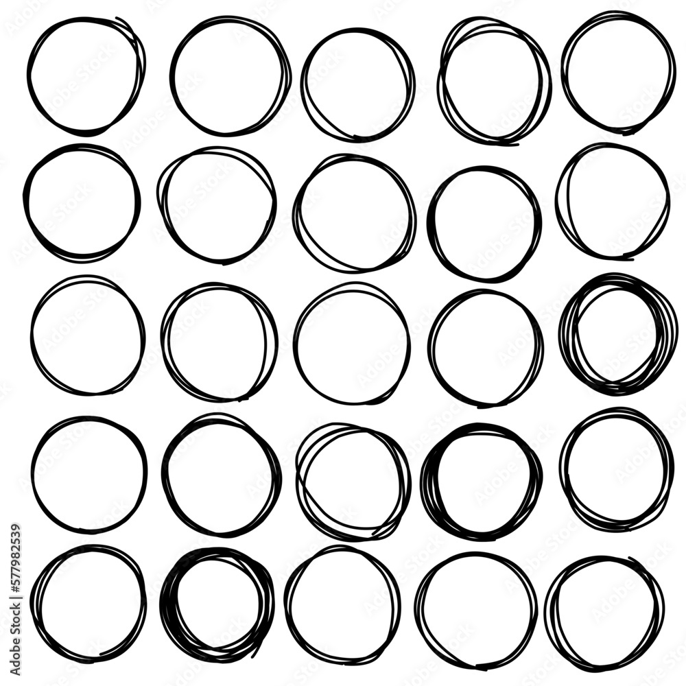 Hand drawn circle frame vector set isolated on white background doodle ...