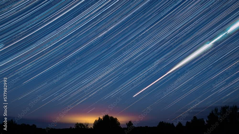 Dramatic Night Sky With Glowing Stars Trails And Meteoric Tracks Trails ...