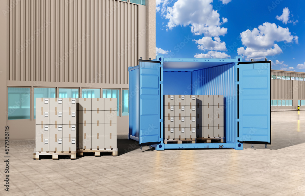 Transport container with boxes. Industrial territory. Sea container ...