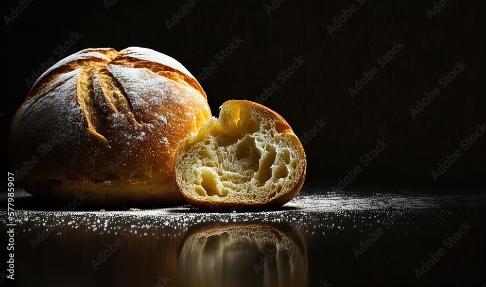 a loaf of bread with a bite taken out of it on a reflective surface ...