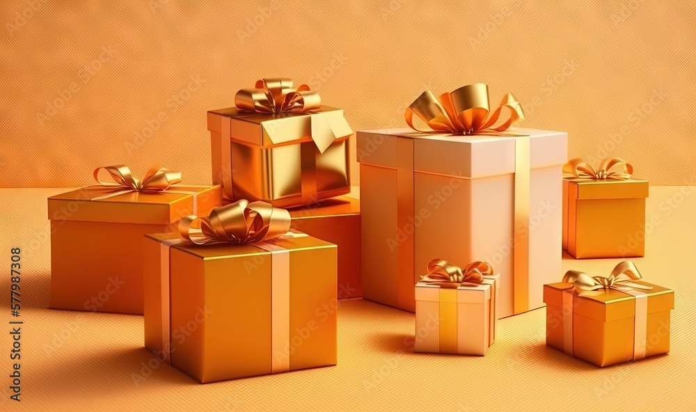 a group of gold wrapped gift boxes with bows and ribbons on a tan ...