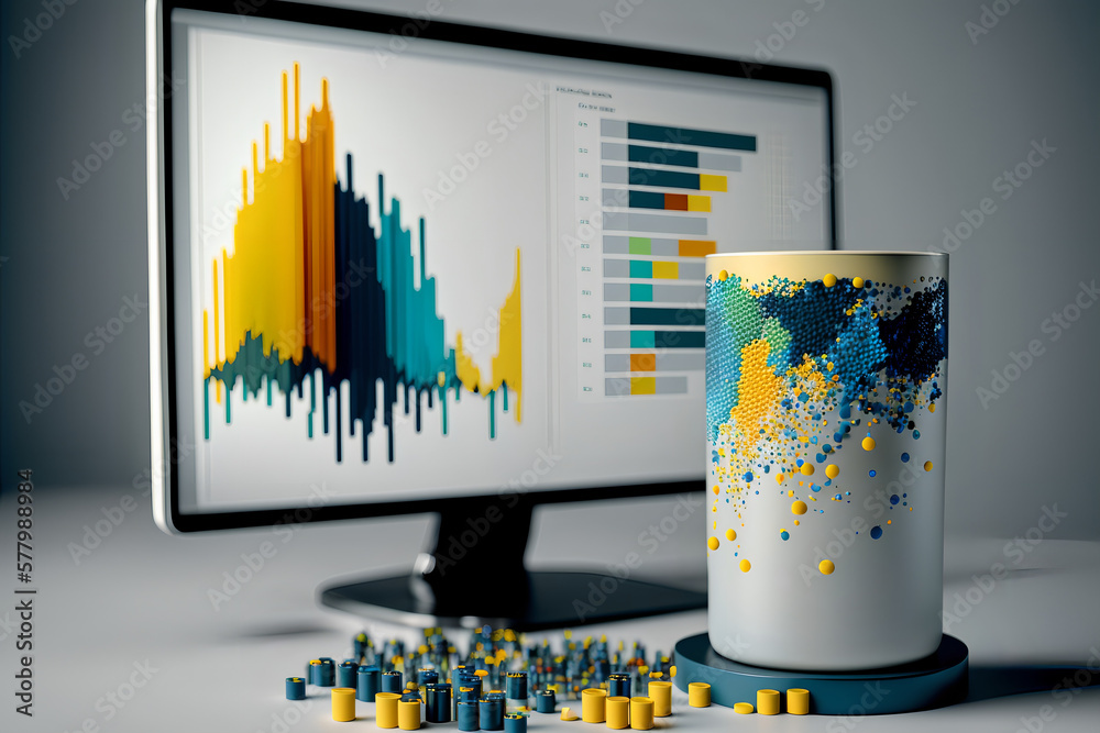 Data science. A dataset being analyzed by algorithms with charts and graphs displayed on a ...