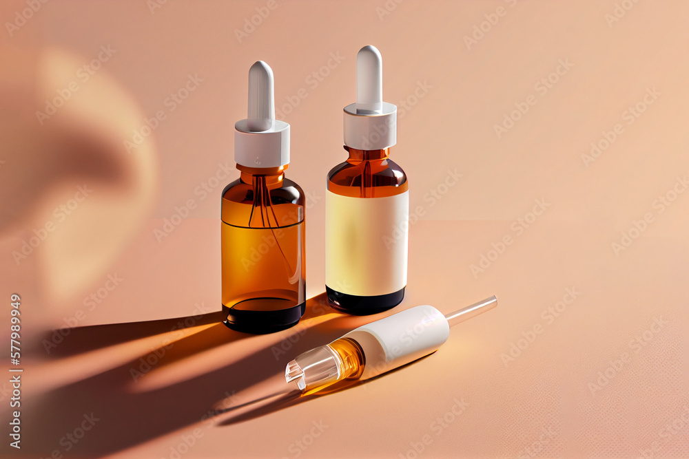 Two dropper bottles with pipette and mock up label on orange background ...