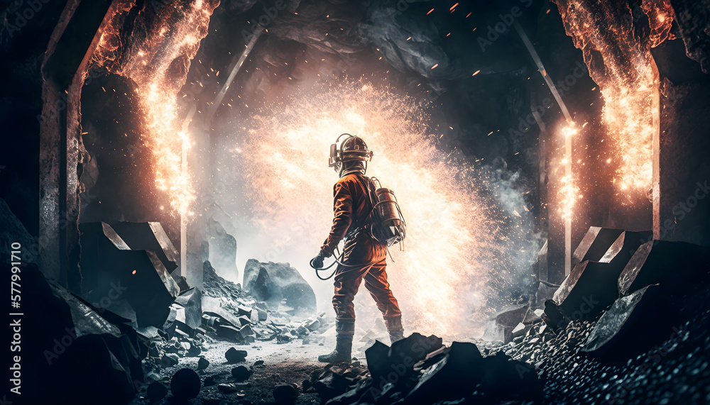 Industrial explosion incident in coal mine, sparks and flames ...