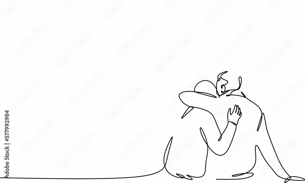 Continuous Silhouette Drawing Of A Man Embracing A Woman Sitting On The