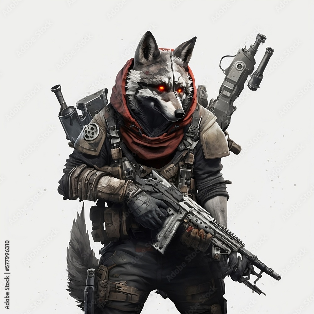 Guerrero lobo humanoide vestido como un mercenario preparado para el ...