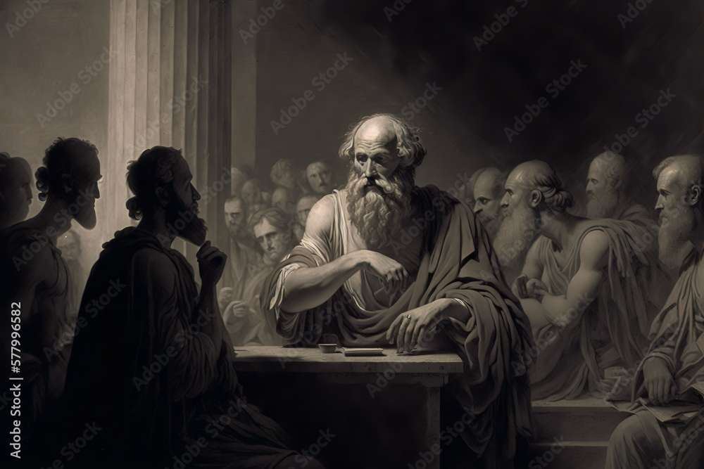 Socrates standing in front of a group of judges and citizens in the ...