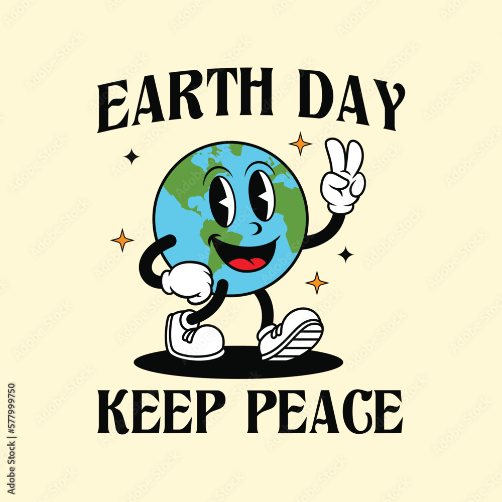 retro cartoon walking earth mascot character smiling with peace hand.earth day.for print or ...