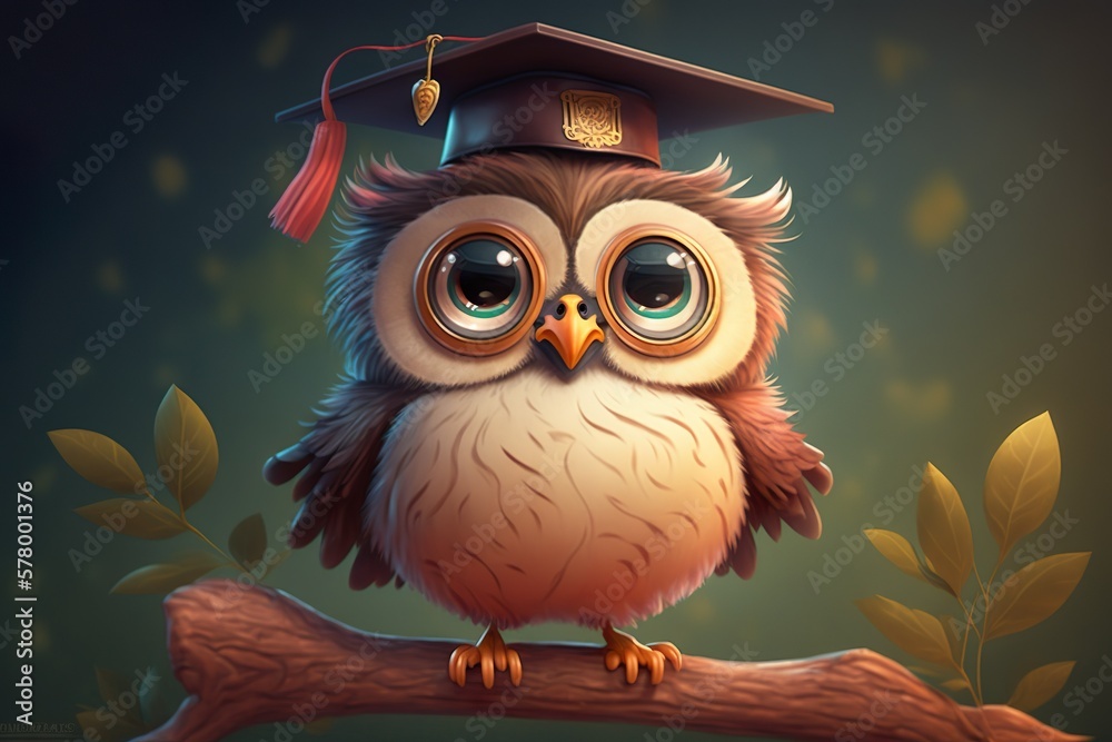 Cartoon Owl wearing a square academic cap. Thank you Teacher gift card ...