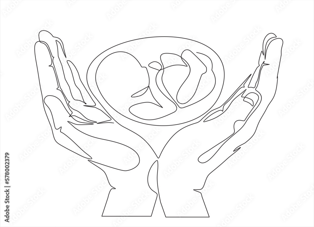 Continuous one line drawing of hands holding a newborn, unborn child ...