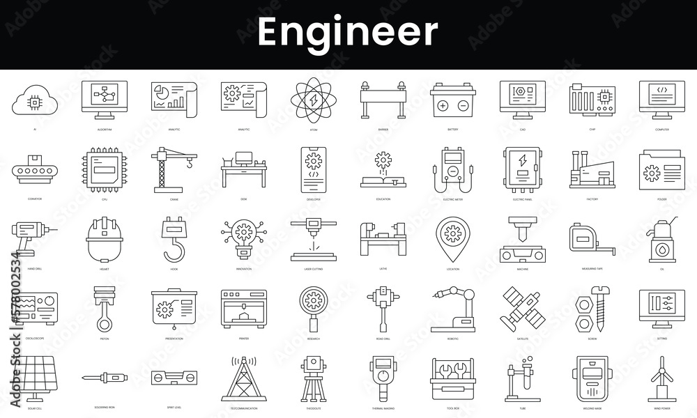 Set of outline engineer icons. Minimalist thin linear web icon set ...