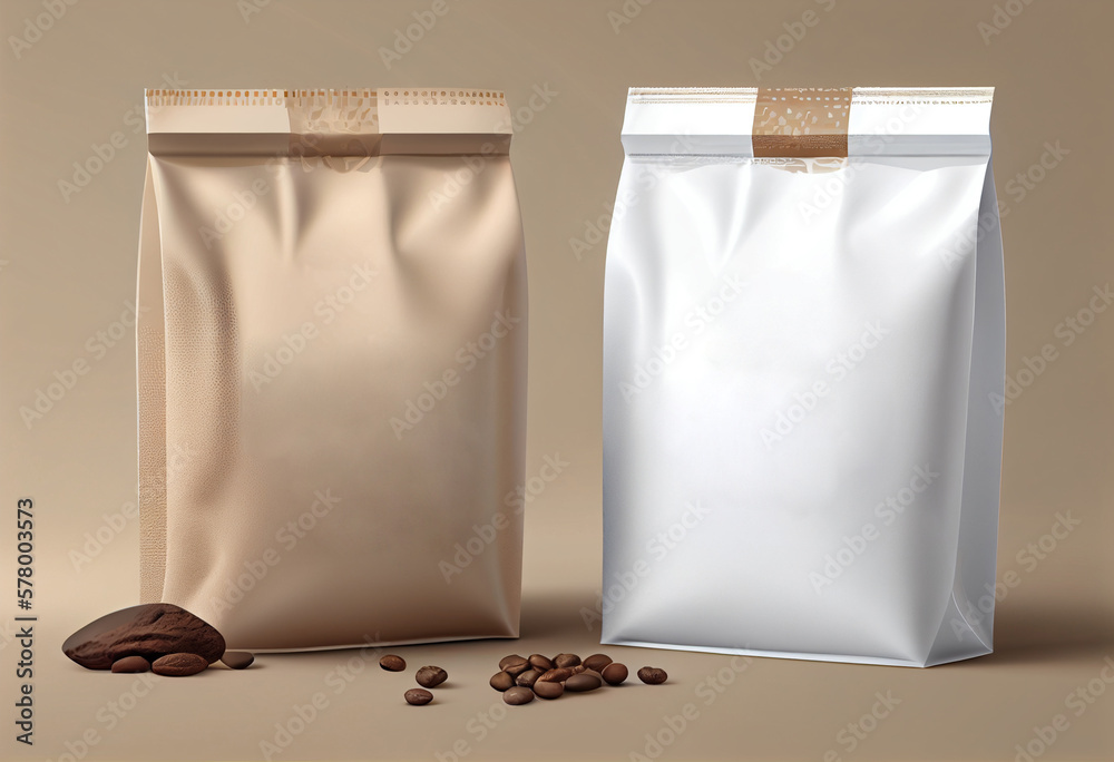 Paper pouch bag front and back view isolated on beige background ...
