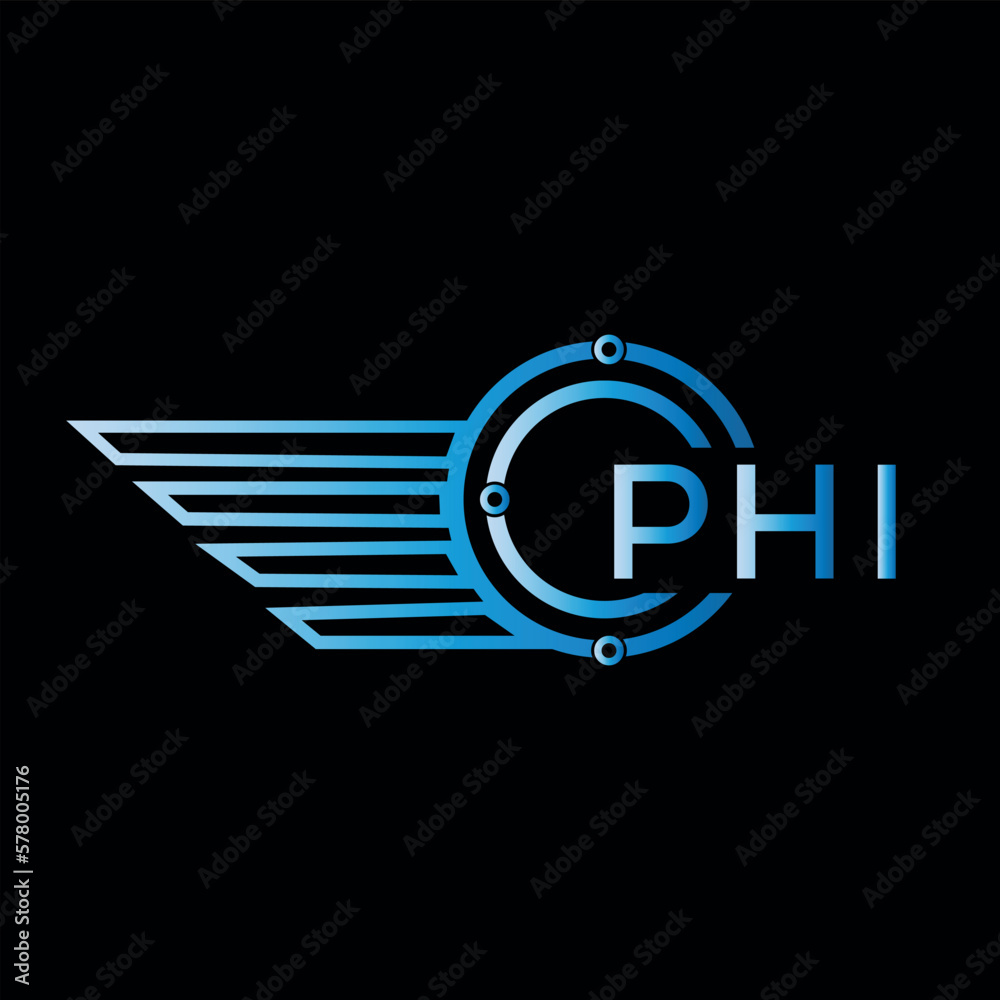 PHI letter logo. PHI blue vector image on black background. PHI ...
