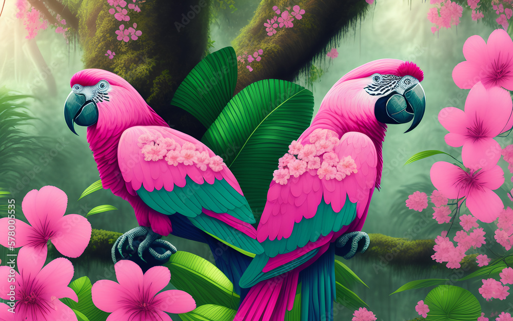 Two pink parrots on a tree with pink orchid in the jungle.Generative Al ...