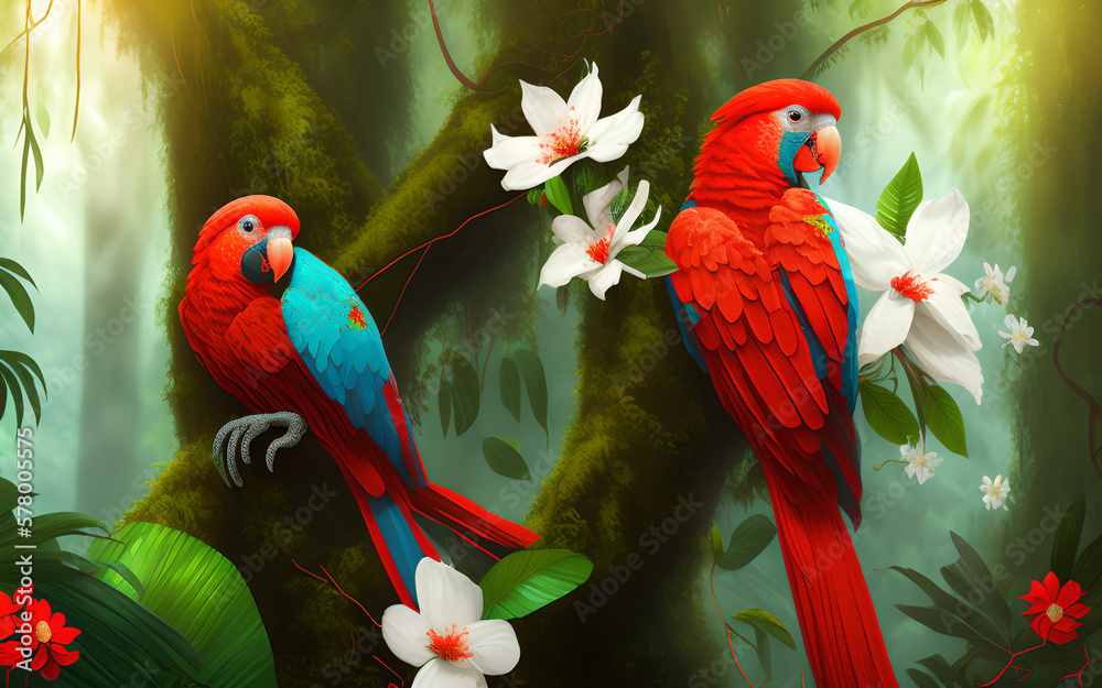 Two red parrots on a tree with white orchid in the jungle. Generative ...