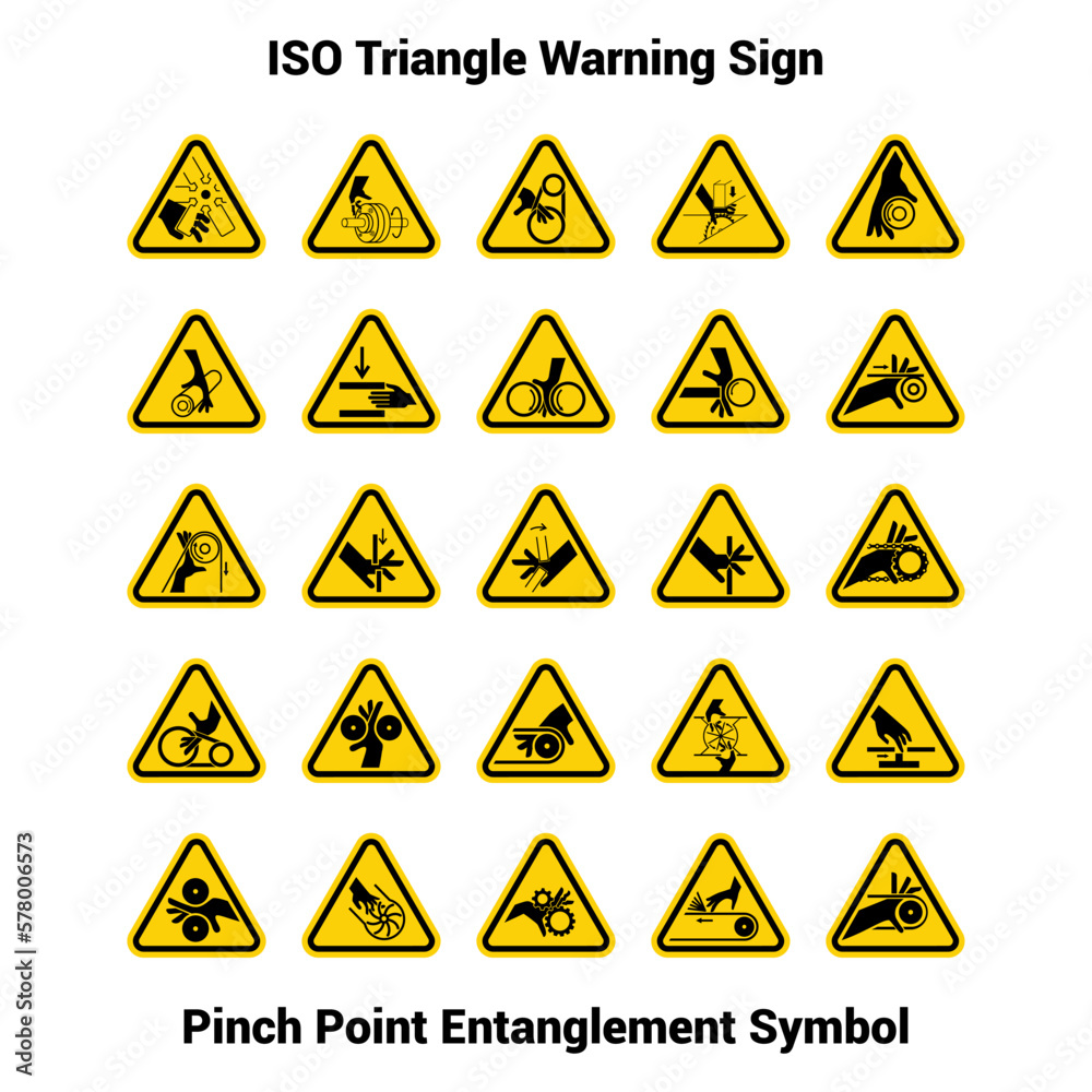 set of ISO Triangle Warning Sign: Pinch Point Entanglement Crush Gears ...