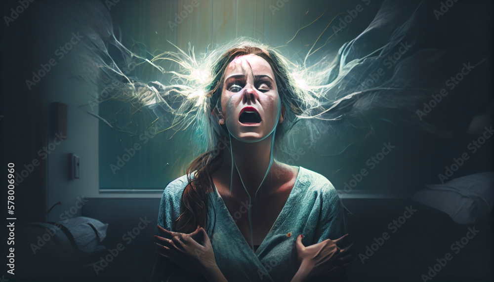 Concept: mental disorders. A frightened woman sees hallucinations in ...