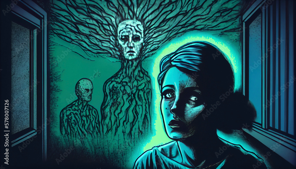 Concept: mental disorders. A frightened woman sees hallucinations in ...