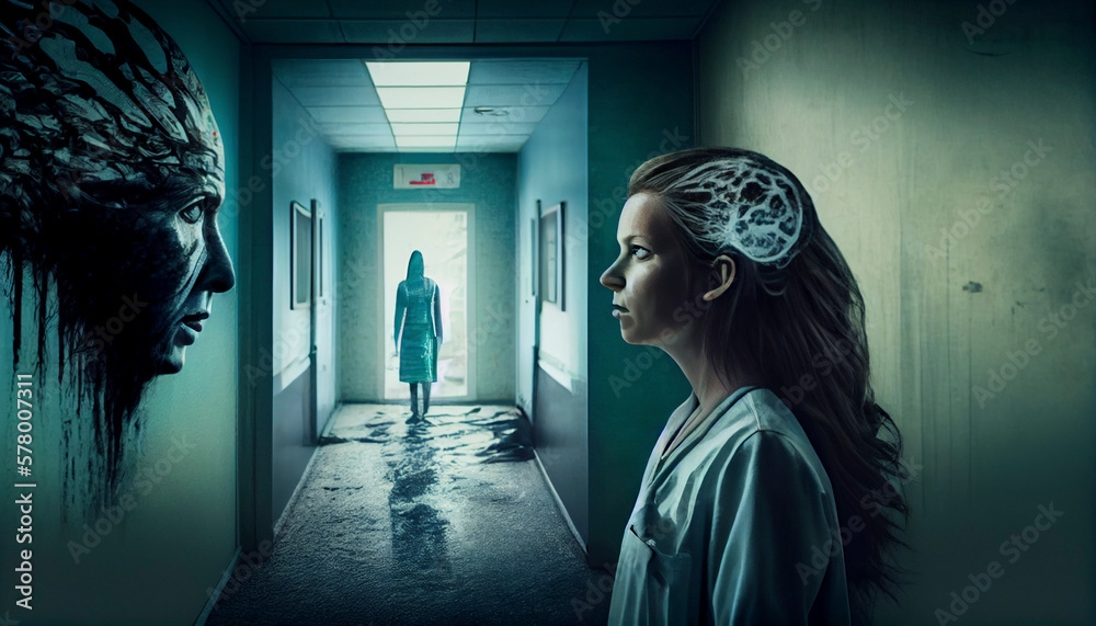 Concept: mental disorders. A frightened woman sees hallucinations in ...